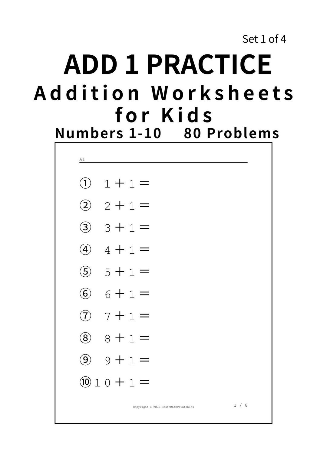 Adding 1 Worksheets | Addition Practice for Kids | Numbers 1–10 Math ...