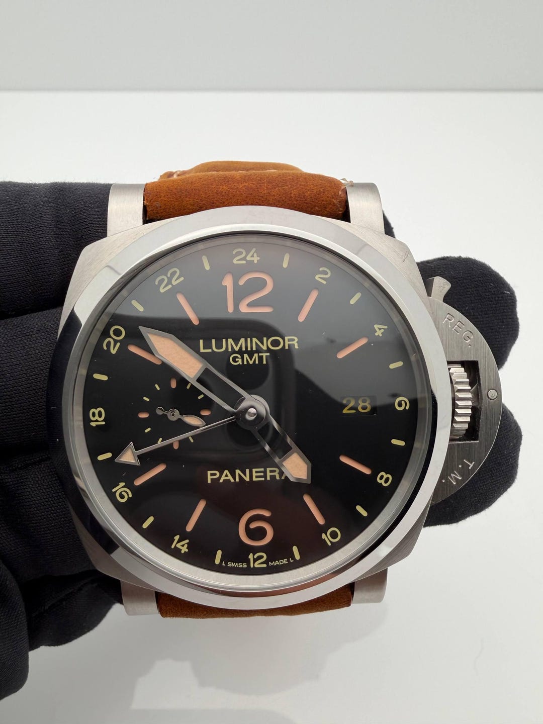 Vintage Panerai Luminor GMT Automatic Movement Black Dial Brown Strap ...