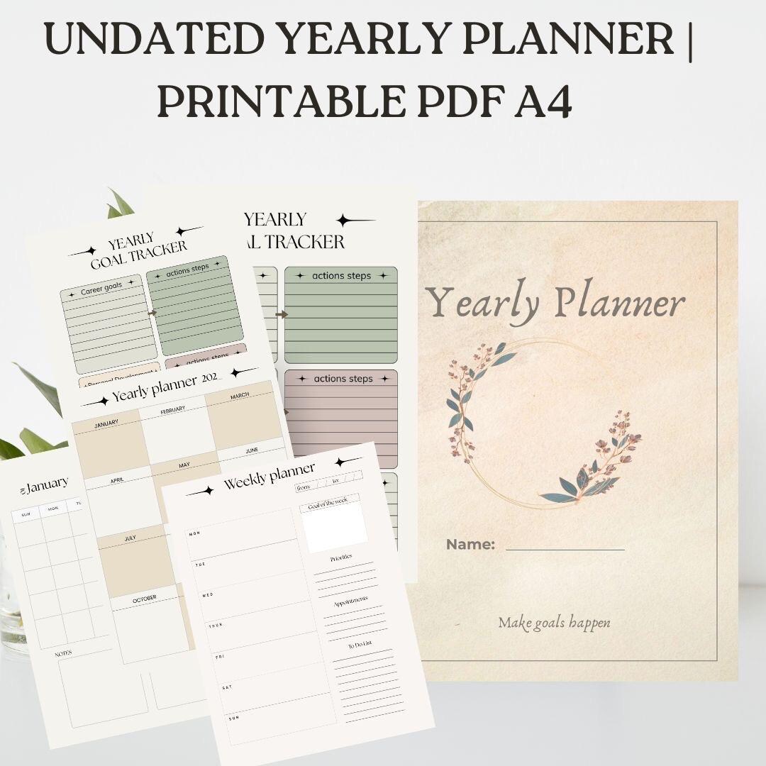 Undated Yearly Planner Printable | Goal Tracker, Monthly & Weekly ...