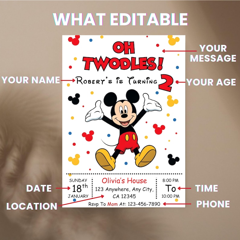 Editable Oh Twodles Birthday Invitation, Mickey Mouse 2nd Birthday ...