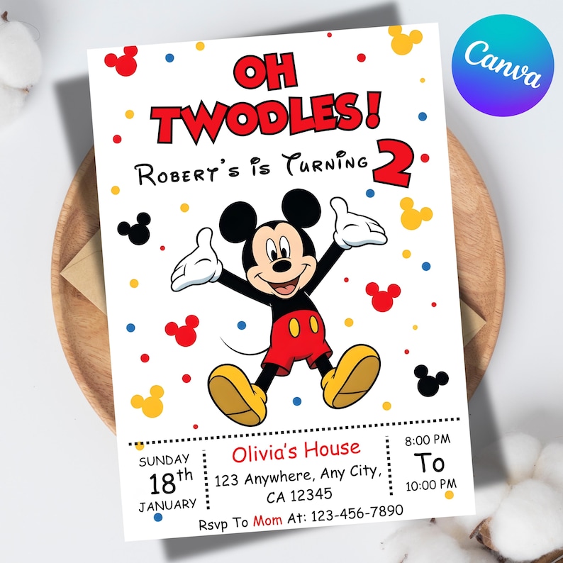 Editable Oh Twodles Birthday Invitation, Mickey Mouse 2nd Birthday ...