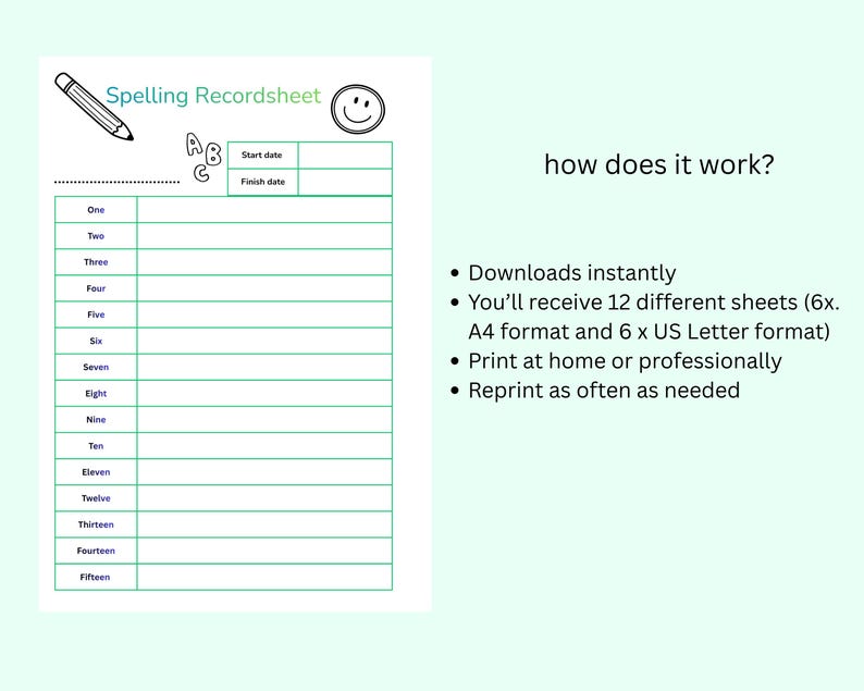 Spelling Record Sheet Printable | Teacher & Practitioner Resource | A4 ...