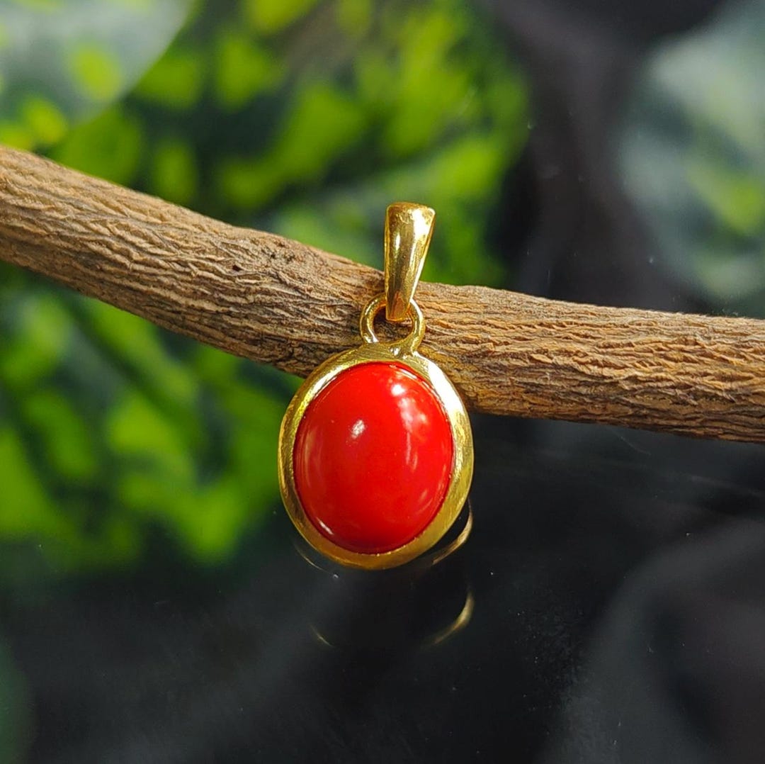 Red Coral Pendant, Gold Plated Oval Pendant, Gemstone Jewelry, Boho ...