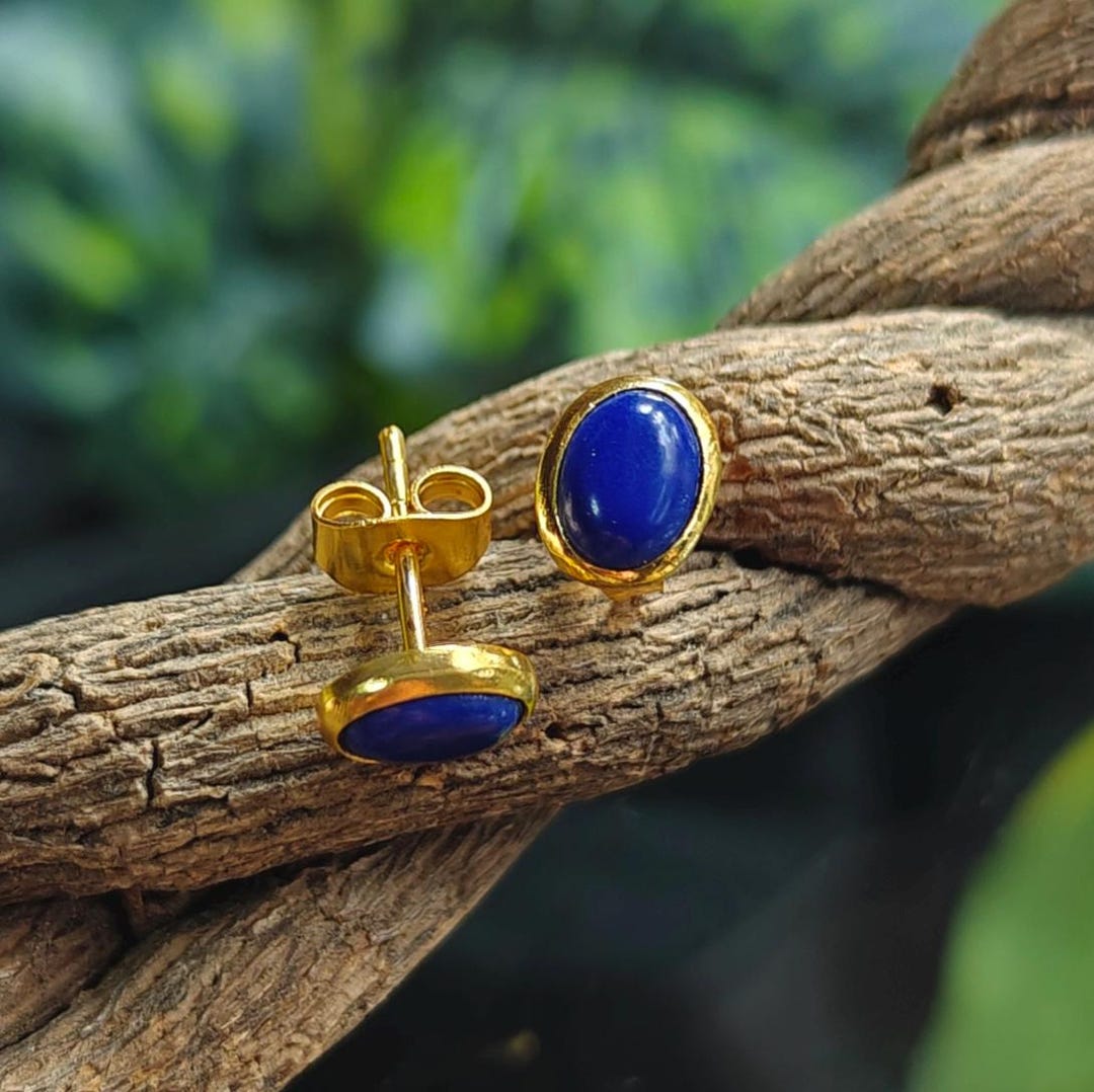 Lapis Lazuli Gemstone Studs Pair, Gold Plated Push Back Studes Earrings ...