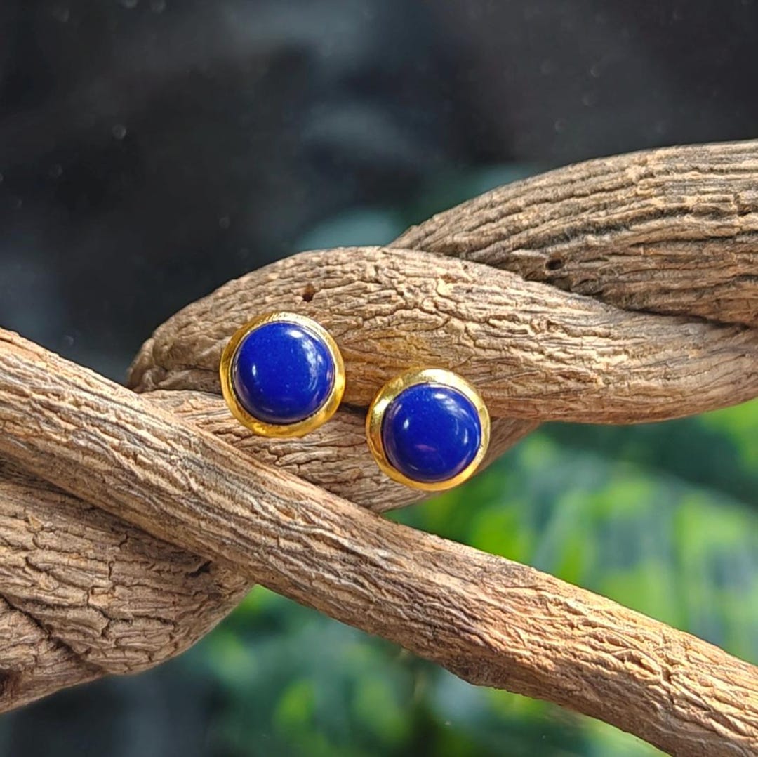 Lapis Lazuli Gemstone Studs Pair, Gold Plated Push Back Studes Earrings ...