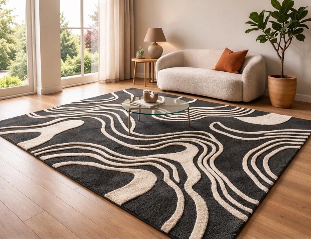 Modern Abstract Black Area Rug, Cream Wave Pattern Carpet, Contemporary ...