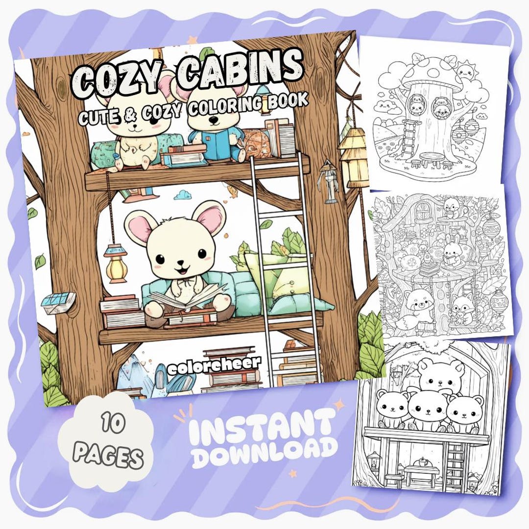Cozy Cabins – Cute Animal Coloring Pages PDF, Cozy Kawaii Chibi Animals ...