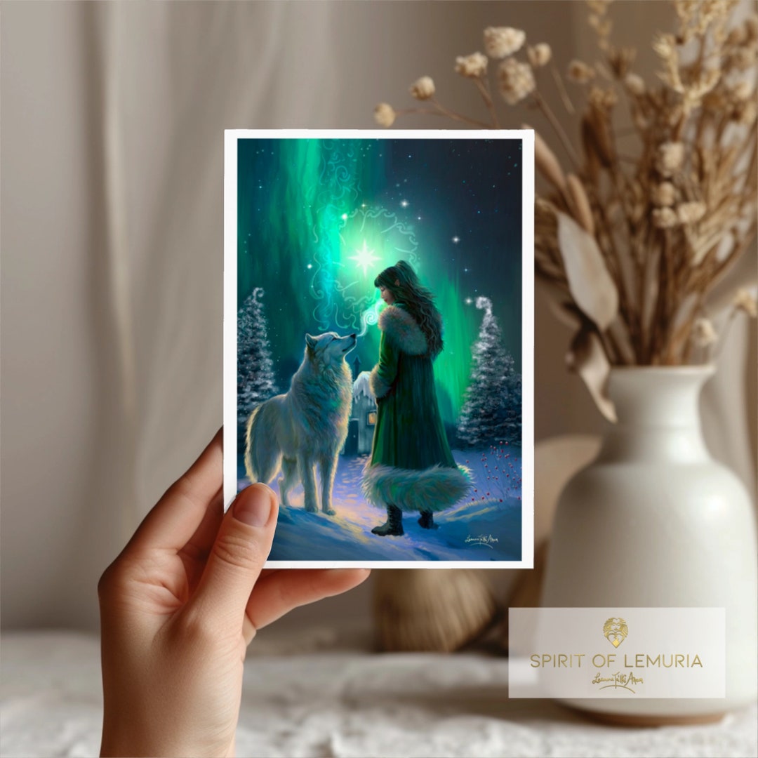 Winter Solstice Art Card: Yule Wolf, Northern Lights, Visionary ...