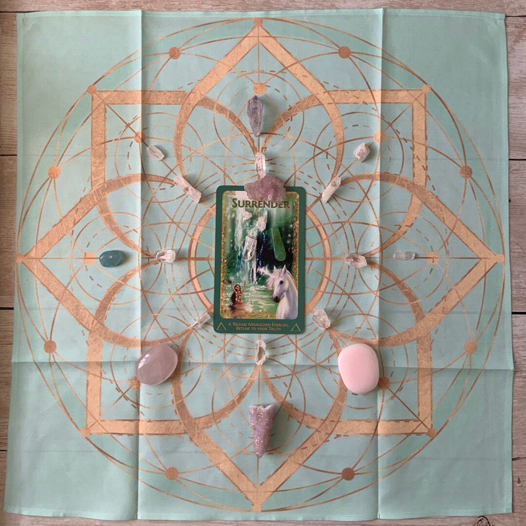 Sacred Altar Cloth, Lemurian Grid Tarot Cloth, Sea-foam Green and Gold ...