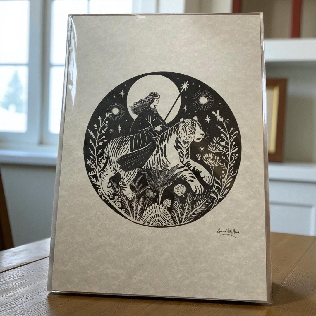 Goddess Durga Tiger Parchment Print, Cottagecore Linocut Style ...