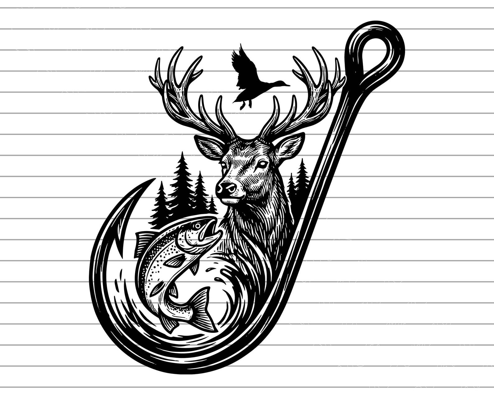 Deer Duck Fish Hook Vector Illustration, Deer SVG PNG JPG, Hunting Art ...