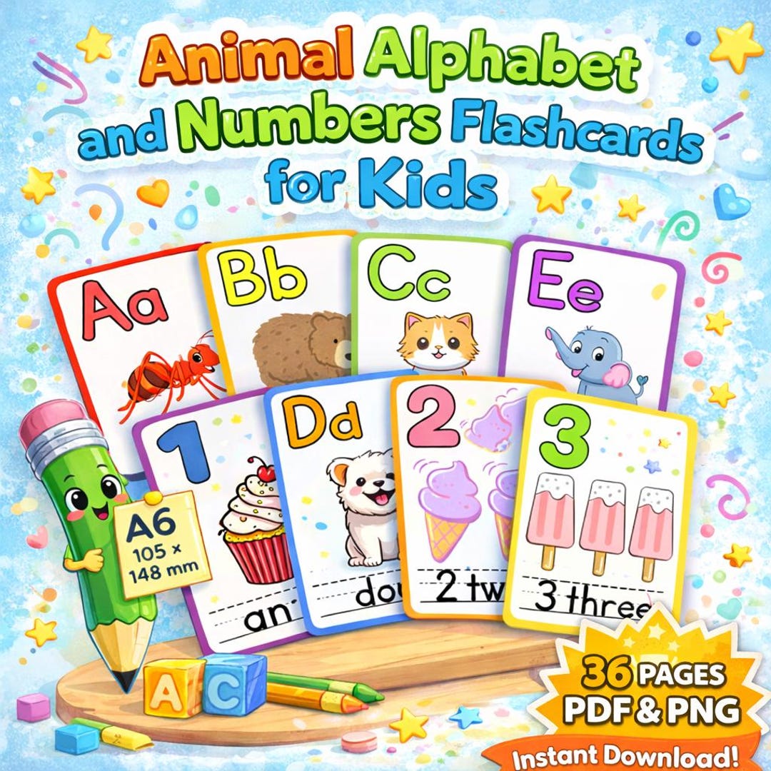 Animal Alphabet and Numbers Flashcards for Kids | Printable A6 Learning ...