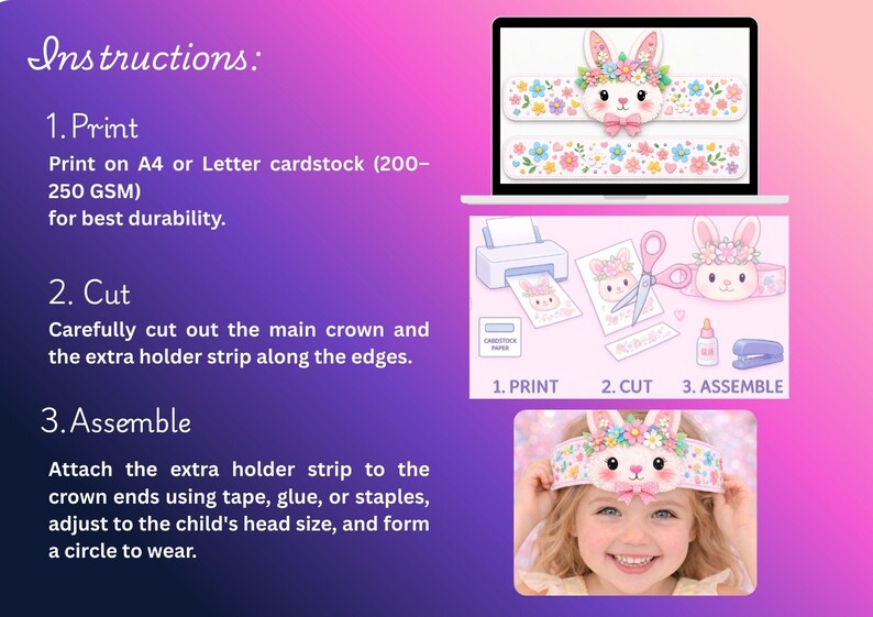 Bunny Paper Crown Printable, Easter Bunny Headband Craft for Kids, DIY ...