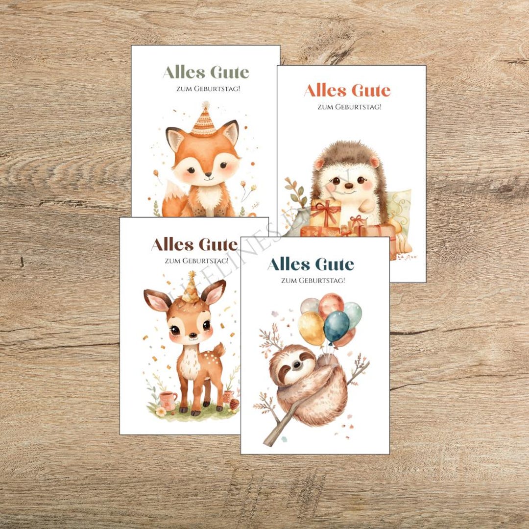 Geburtstagskarten -bundle „alles Gute Zum Geburtstag“ – 4 Tiermotive ...