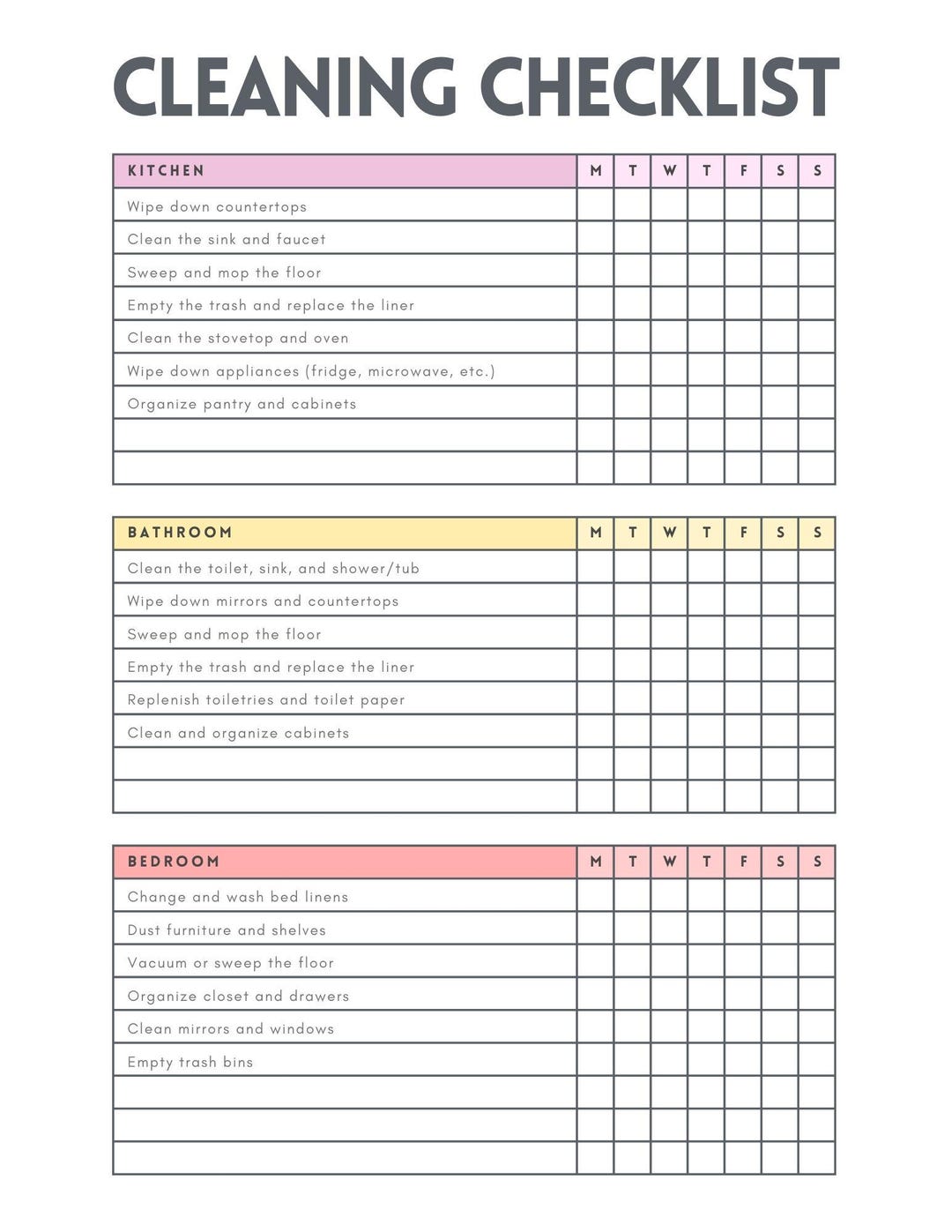 Weekly Cleaning Chart Printable – Choose Calm Pastel or Blue Home ...
