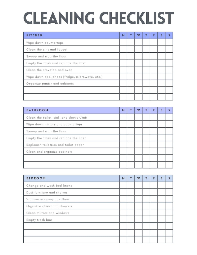 Weekly Cleaning Chart Printable – Choose Calm Pastel or Blue Home ...