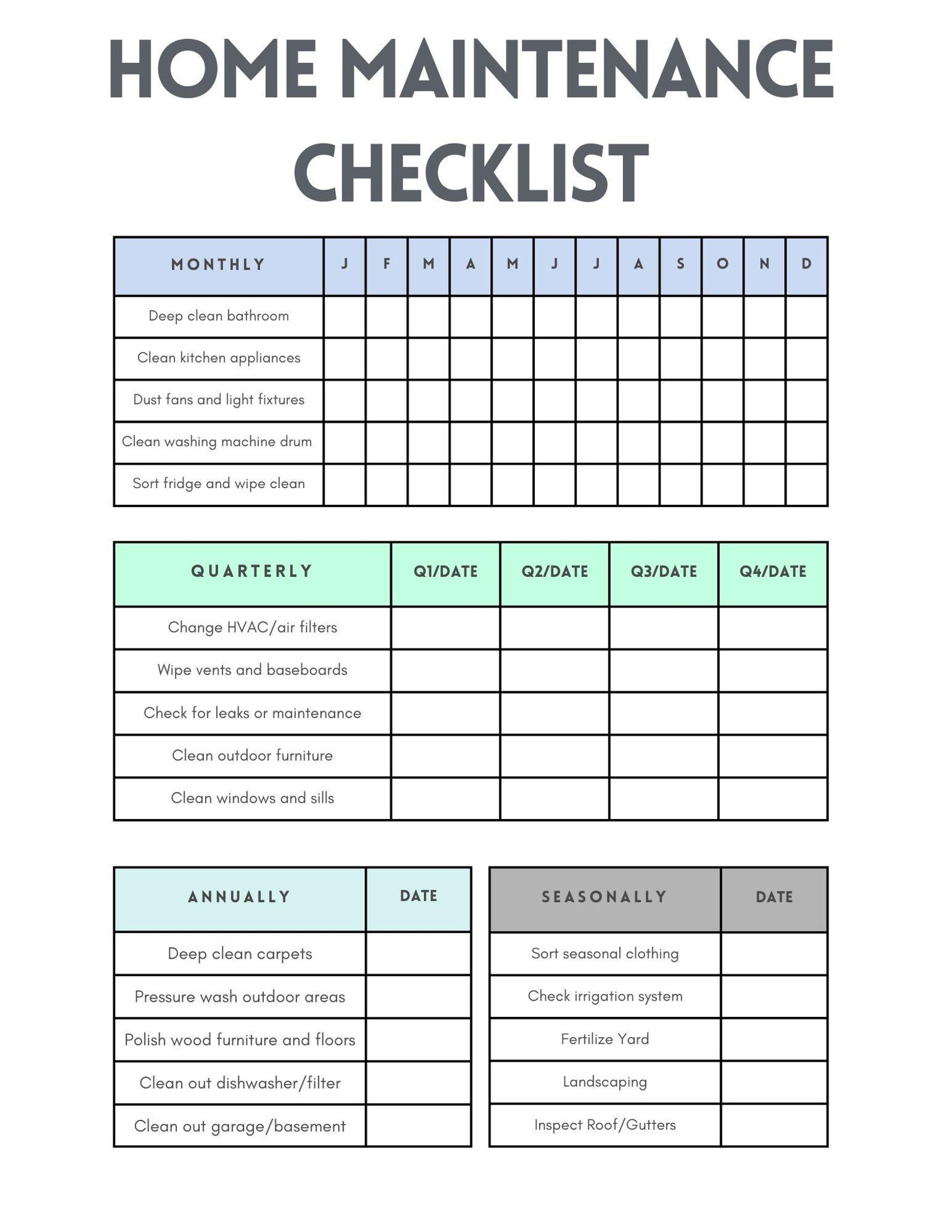 Home Maintenance Checklist Printable – Monthly, Quarterly, Seasonal ...