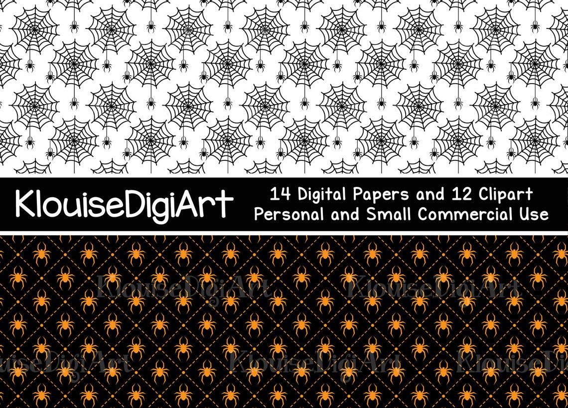 Halloween Spiders and Webs Digital Papers and Clipart in Purple, Orange ...