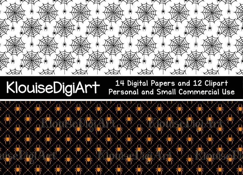 Halloween Spiders and Webs Digital Papers and Clipart in Purple, Orange ...