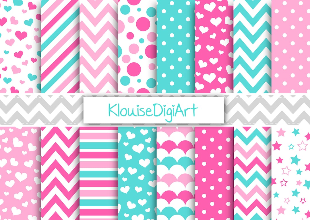 Pink and Turquoise Blue Valentine's Day Digital Papers With Hearts ...