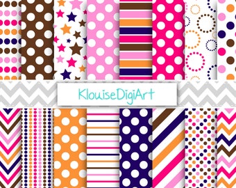 Polka Dot Chevrons and Stripes Digital Papers in Blue Pink | Etsy