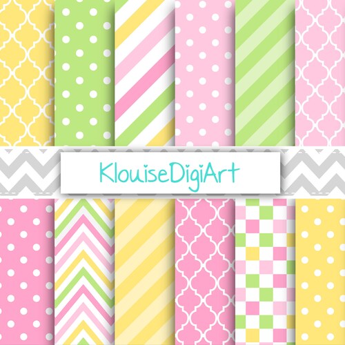 Mint Green & Yellow Digital Scrapbook Papers With Stripes - Etsy
