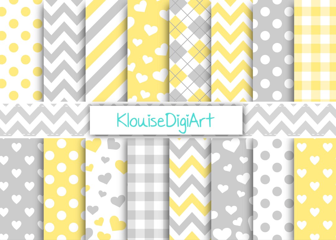 Yellow and Gray Digital Printable Papers With Chevrons, Hearts, Gingham ...
