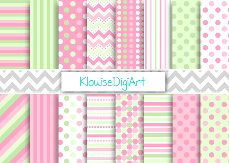 Strawberry Pink and Green Digital Papers With Dots, Stripes and ...