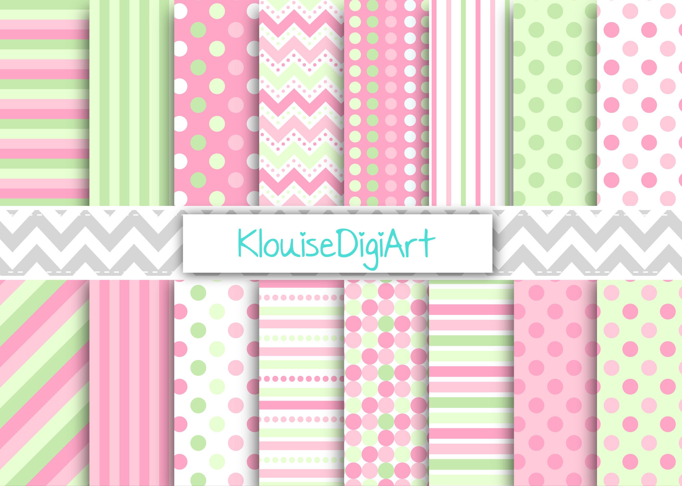Strawberry Pink and Green Digital Papers With Dots Stripes - Etsy UK