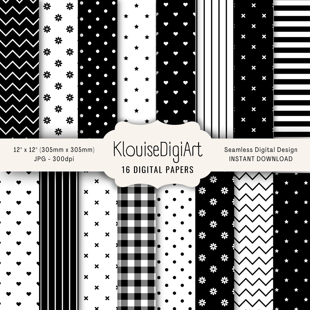 Black White Digital Paper Pack, Monochrome Scrapbook Patterns, Seamless ...