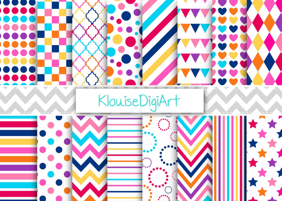 Rainbow Digital Papers in Navy, Yellow, Pink, Orange With Quatrefoil ...