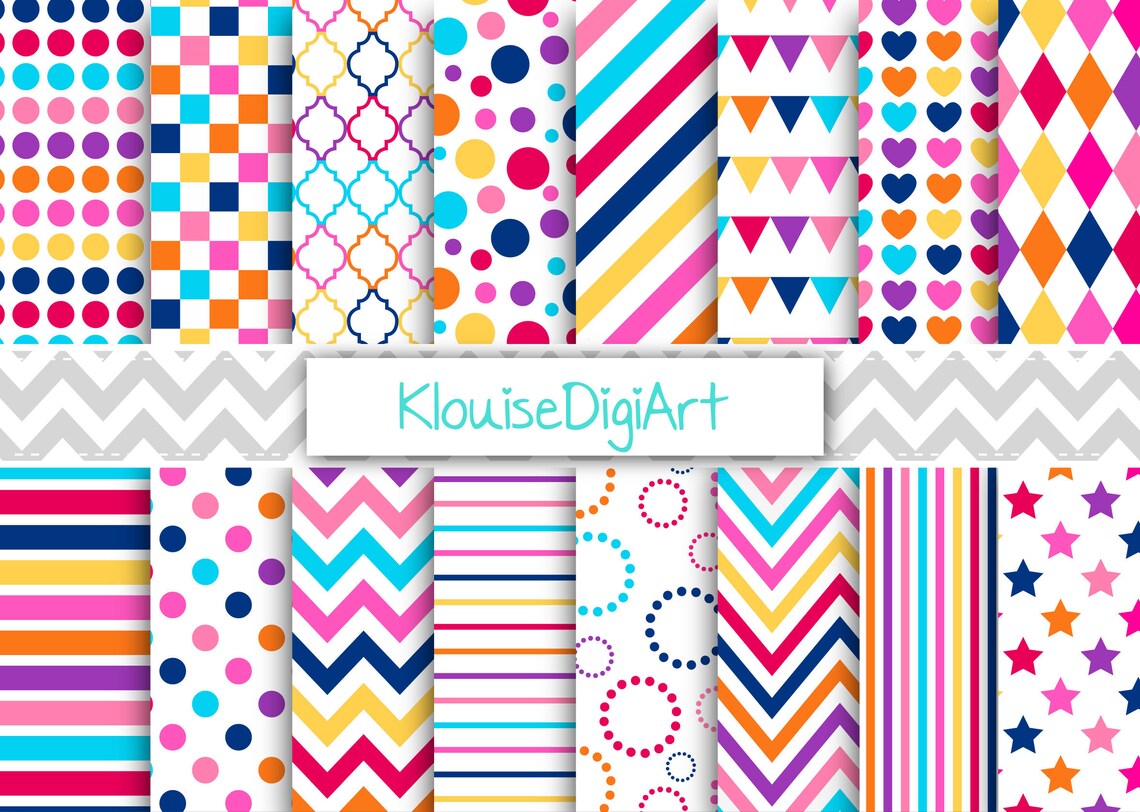 Rainbow Digital Papers in Navy, Yellow, Pink, Orange With Quatrefoil ...