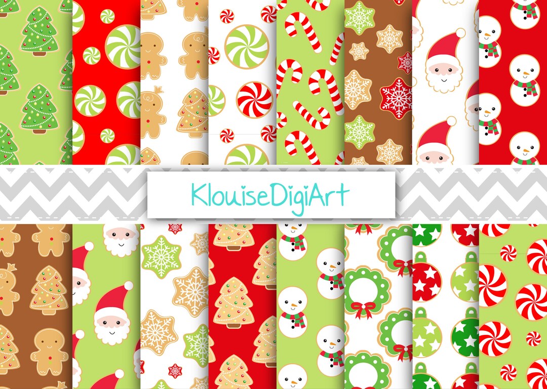 Red and Green Christmas Cookies Digital Papers With Snowmen, Baubles ...