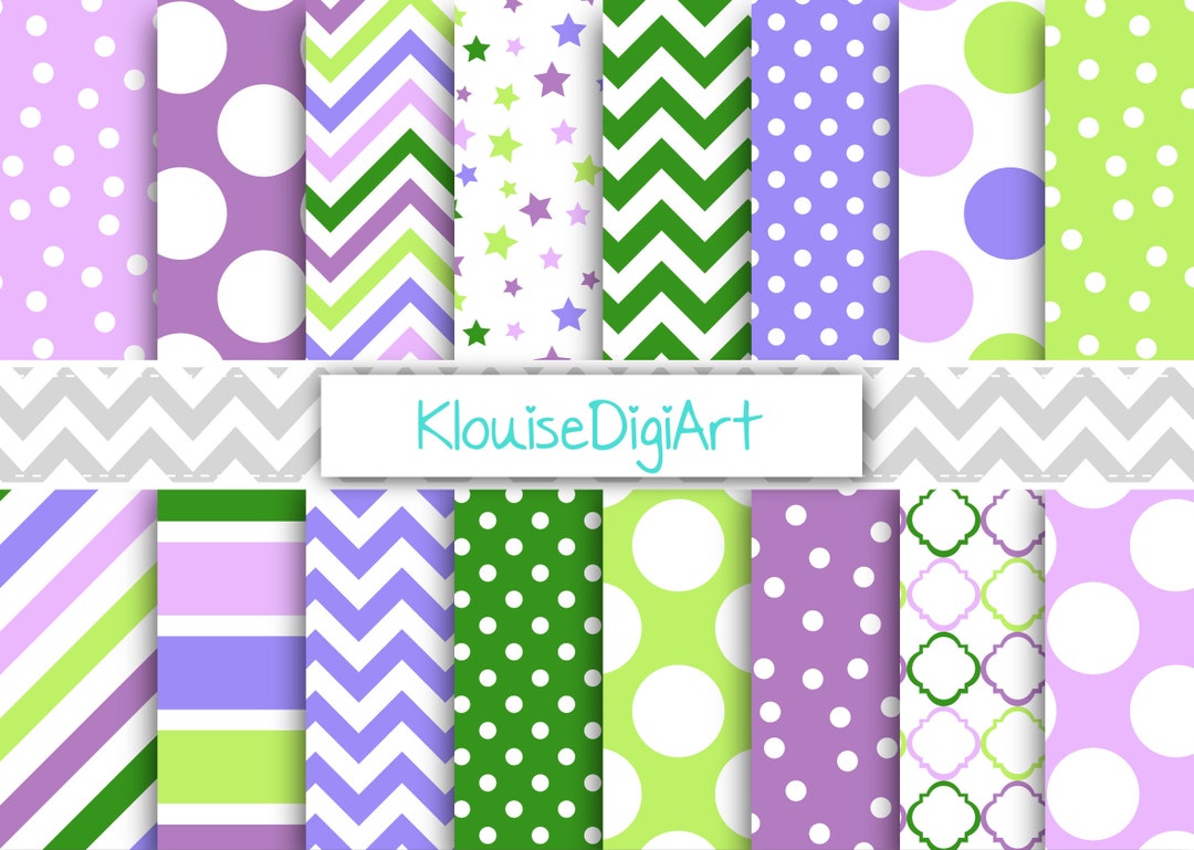 Green and Purple Digital Printable Papers With Polka Dots, Chevrons ...