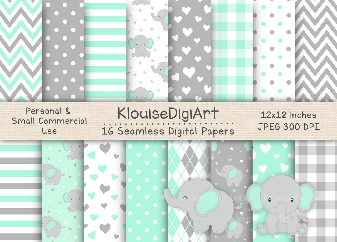 Seamless Elephant Green and Gray Digital Printable Papers With Elephant ...