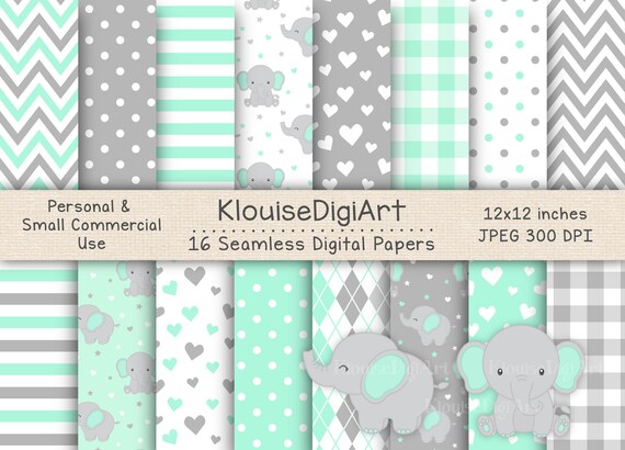Seamless Elephant Green and Gray Digital Printable Papers With - Etsy