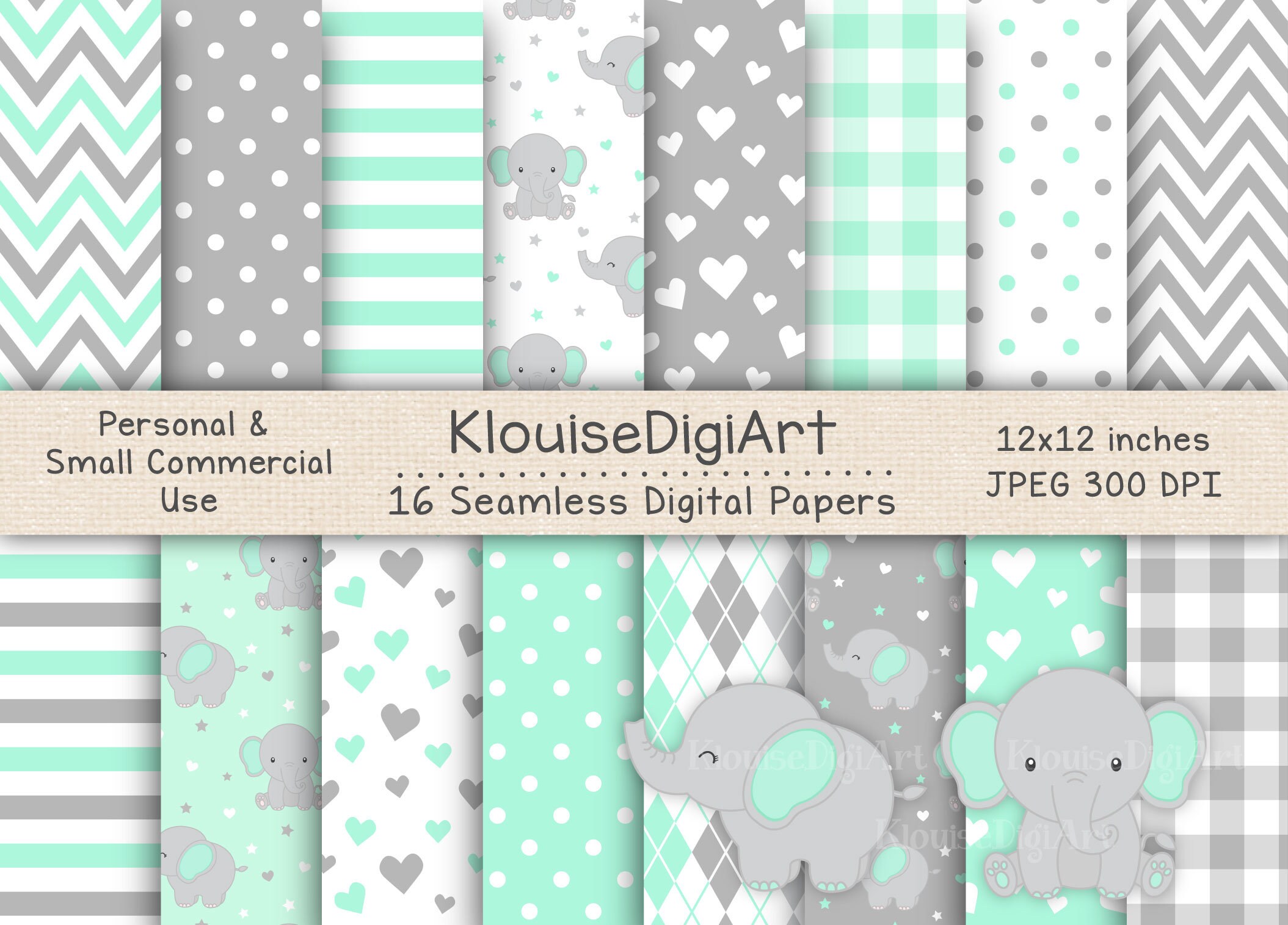 Seamless Elephant Green and Gray Digital Printable Papers With - Etsy