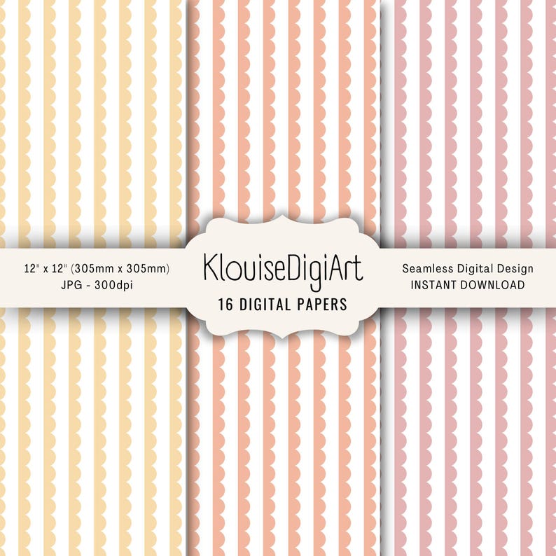 Pastel Scalloped Stripe Digital Paper Pack, Seamless Nursery Patterns ...