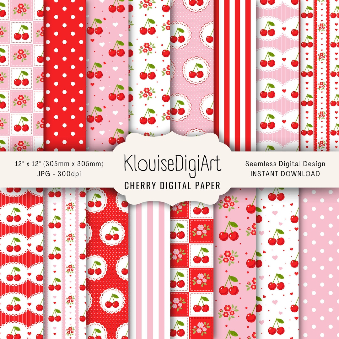 Cherry Digital Paper Pack, Pink Red Coquette Scrapbook Patterns ...