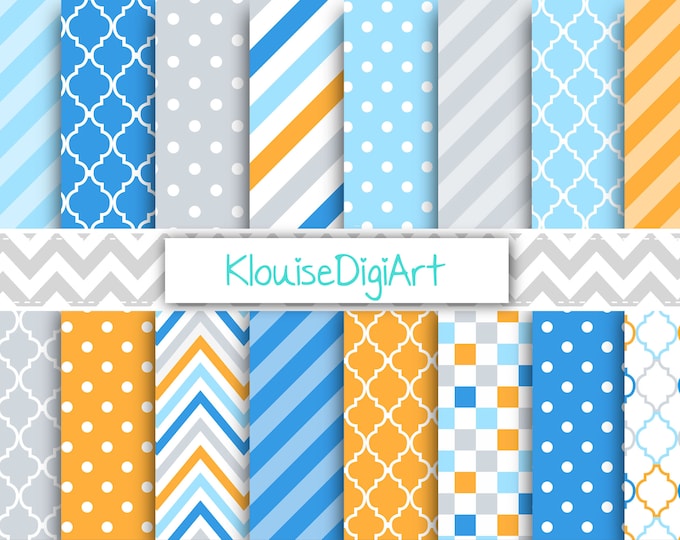 Bright Orange, Blue and Gray Printable Digital Papers With Stripes ...