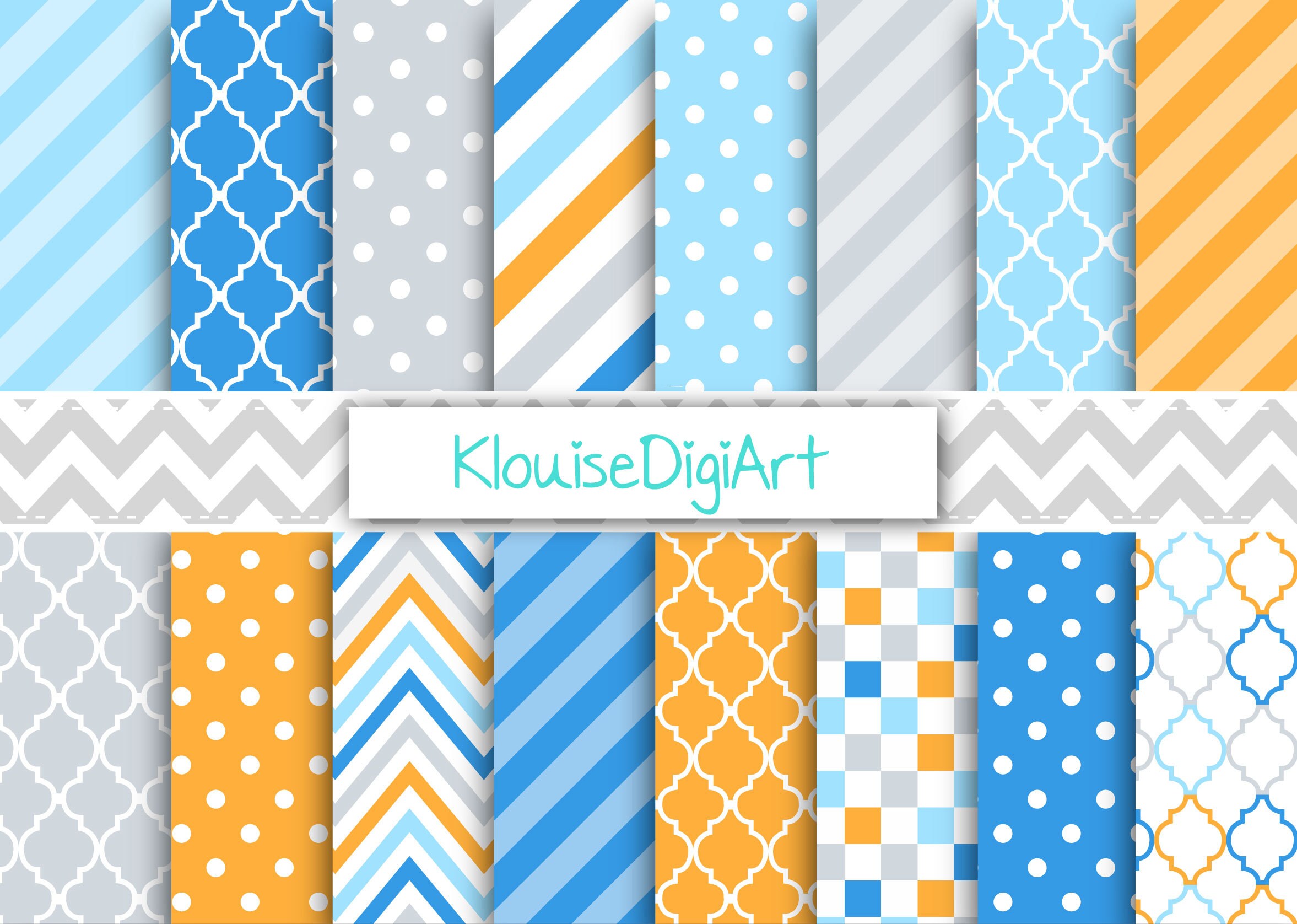 Bright Orange, Blue and Gray Printable Digital Papers With Stripes ...
