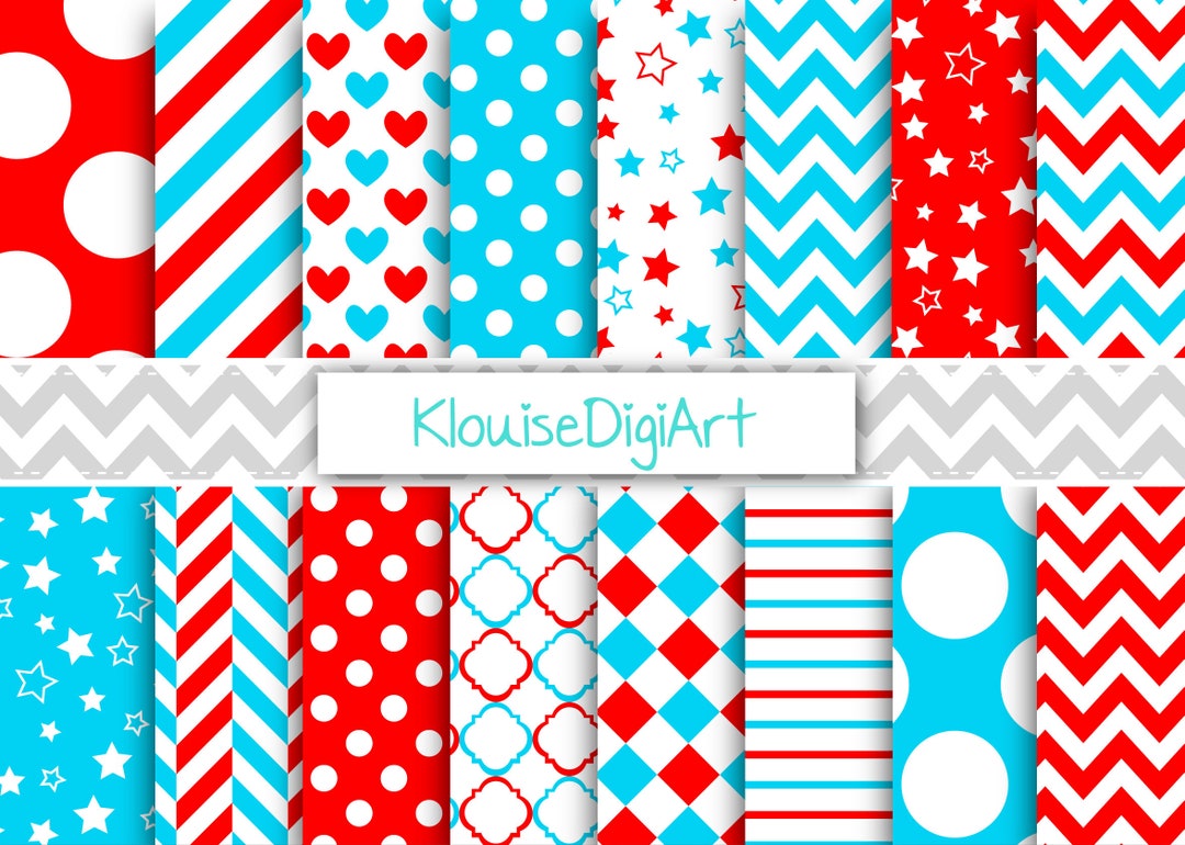 Bright Red and Blue Digital Printable Papers With Polka Dots, Stars ...