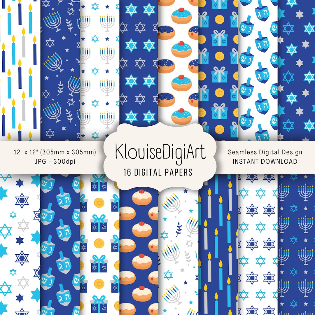Hanukkah Blue and Silver Digital Printable Papers With Menorah, Star of ...