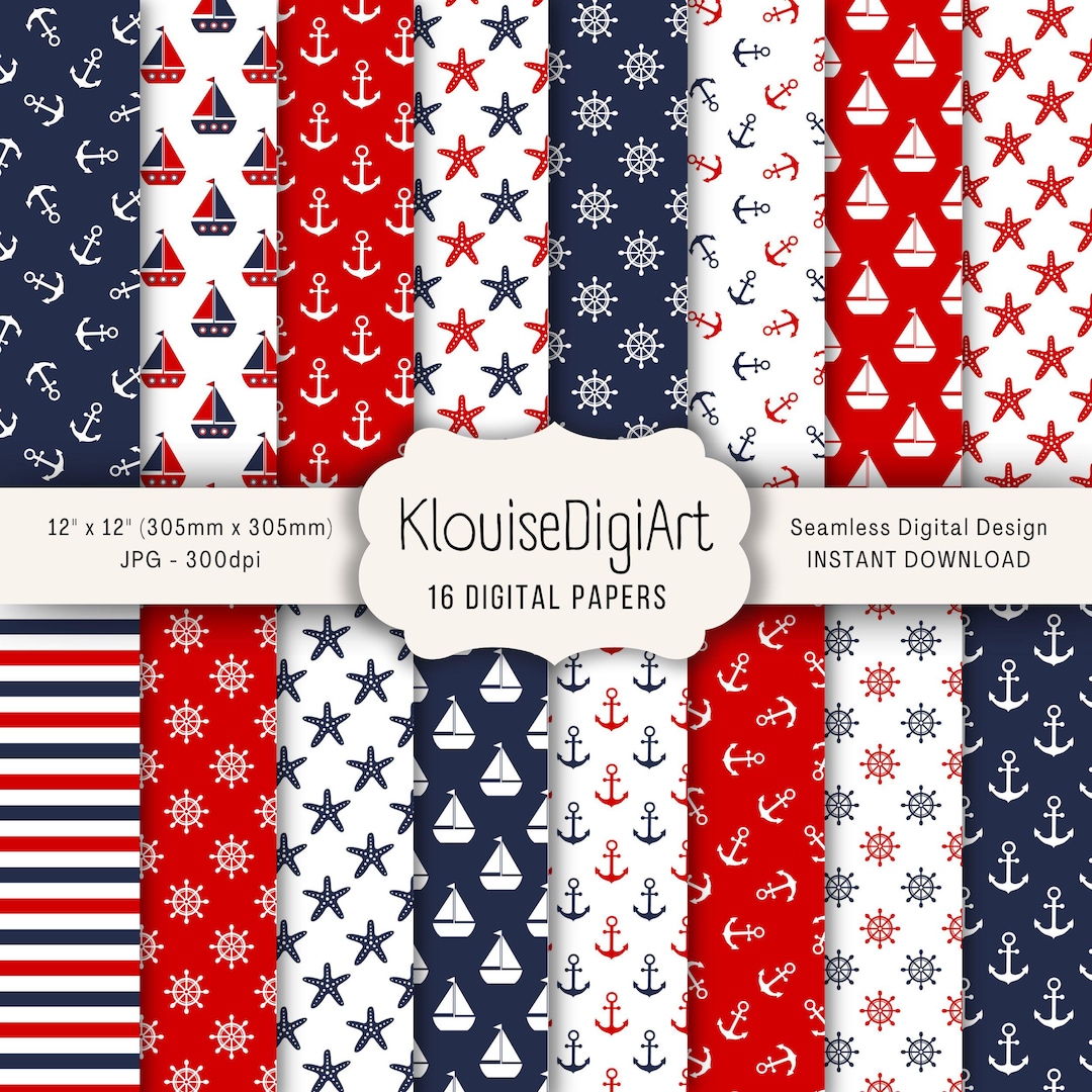Seamless Red and Navy Blue Nautical Digital Printable Papers With ...