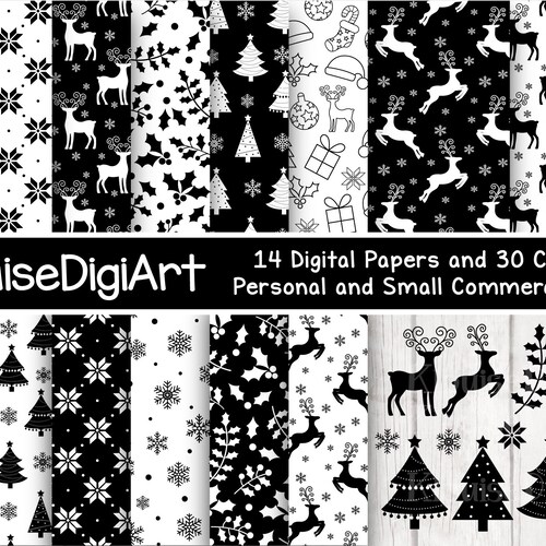 Mono Christmas Digital Papers Black and White Christmas | Etsy