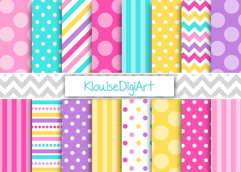 Pink, Purple, Yellow and Blue Digital Papers With Polka Dots, Stripes ...