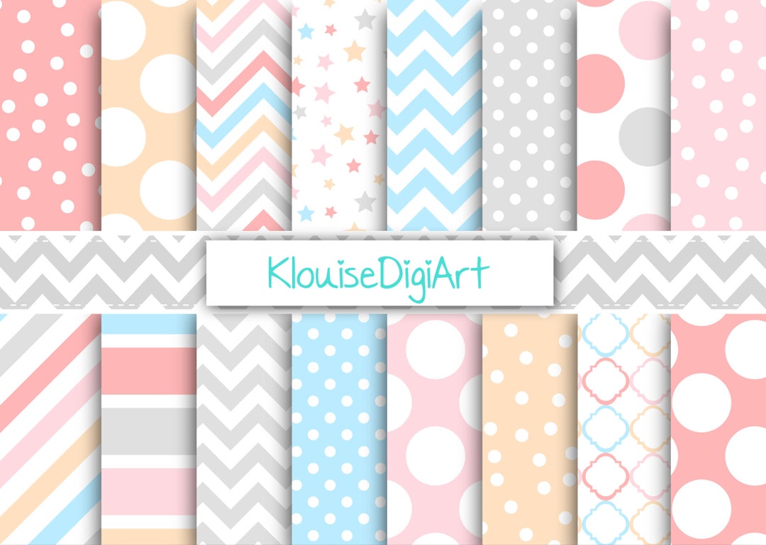 Pink, Gray and Blue Printable Digital Papers With Stars, Chevrons ...