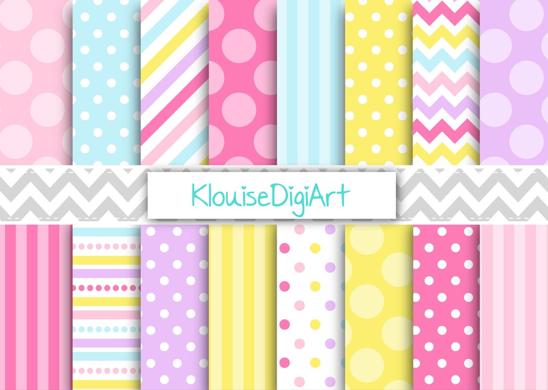 Pink, Purple, Yellow and Blue Digital Papers With Polka Dots, Stripes ...