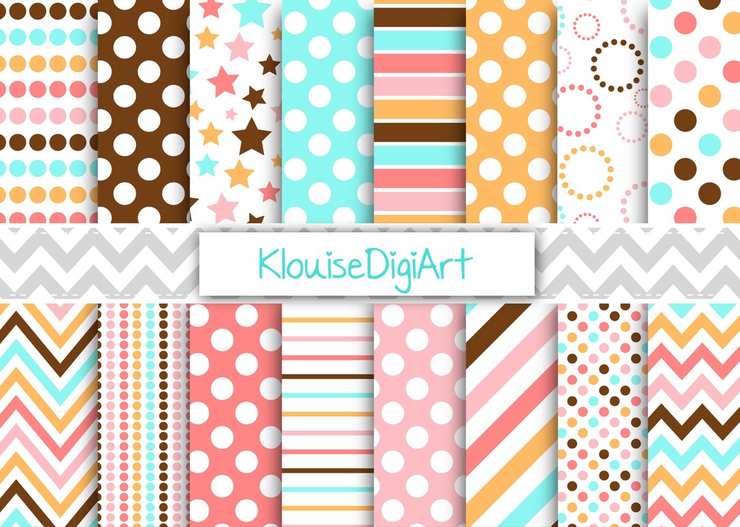 Polka Dot, Chevrons and Stripes Digital Papers in Pink, Blue, Orange ...