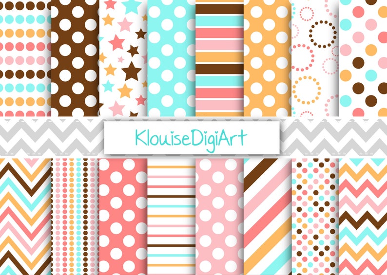 Polka Dot Chevrons and Stripes Digital Papers in Pink Blue - Etsy UK